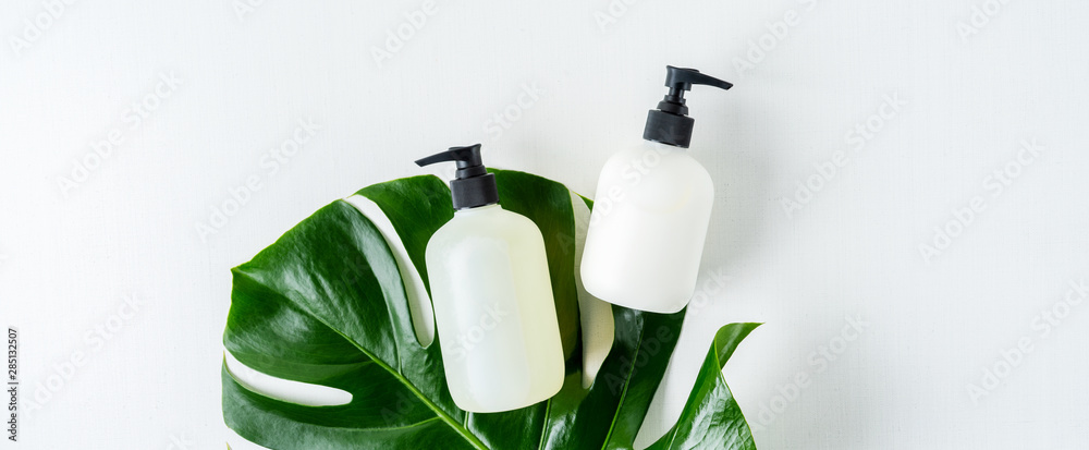 Beauty background with Set organic body care cosmetic products on green ...