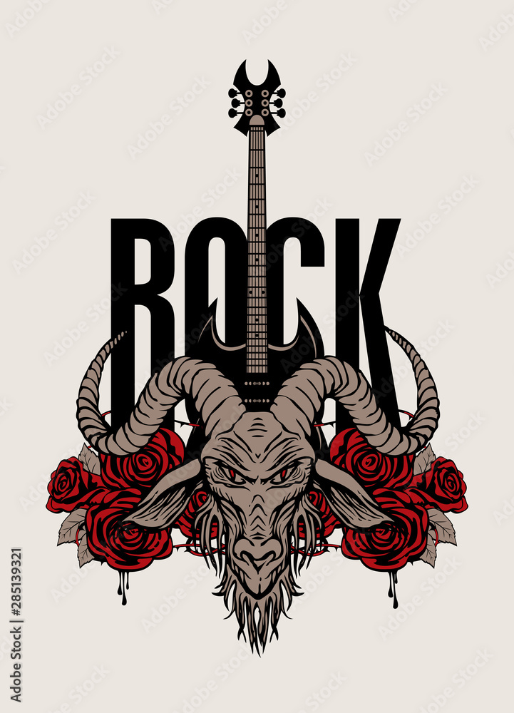 Vector music banner on the Rock theme decorated with goat head ...