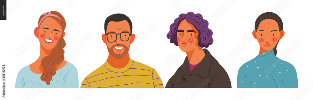Real people portraits set - hand drawn flat style vector design concept ...