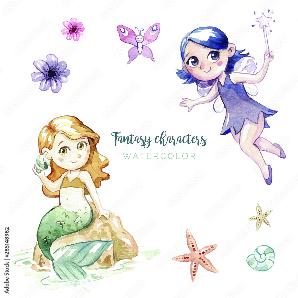 Watercolor fantasy characters set, hand drawn cute mermaid and little ...