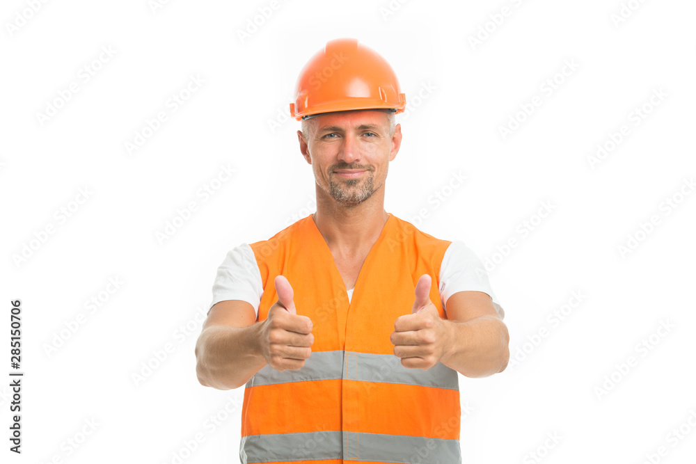 Good job. Safety is main point. Man builder wear protective hard hat ...