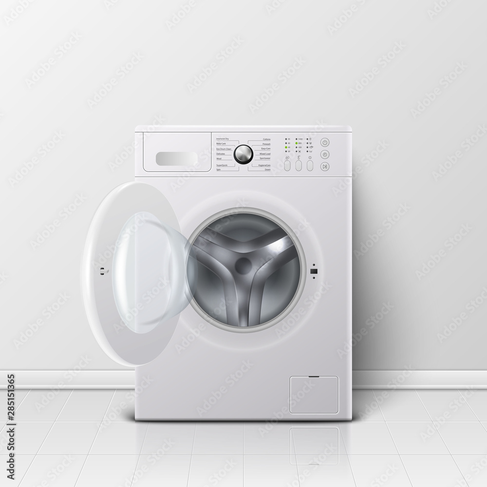 Vector 3d Realistic Modern White Steel Opened Washing Machine Closeup ...