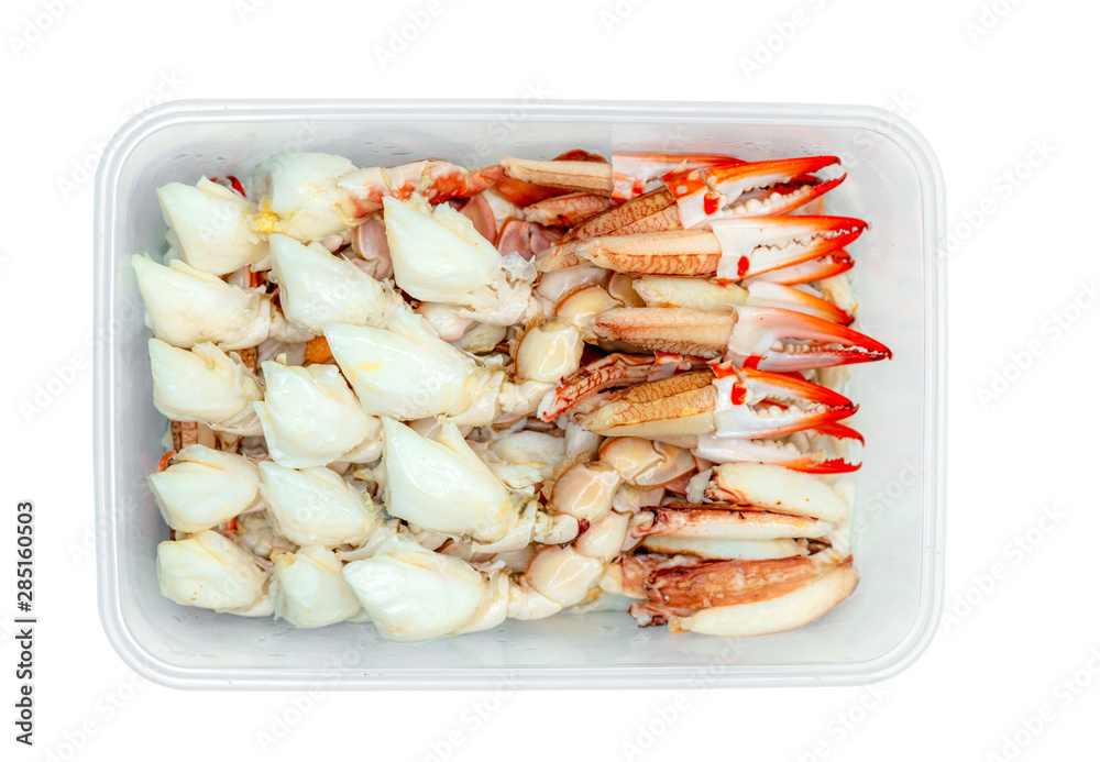 Steamed crab meat pack in plastic box for delivery. Seafood ready to ...