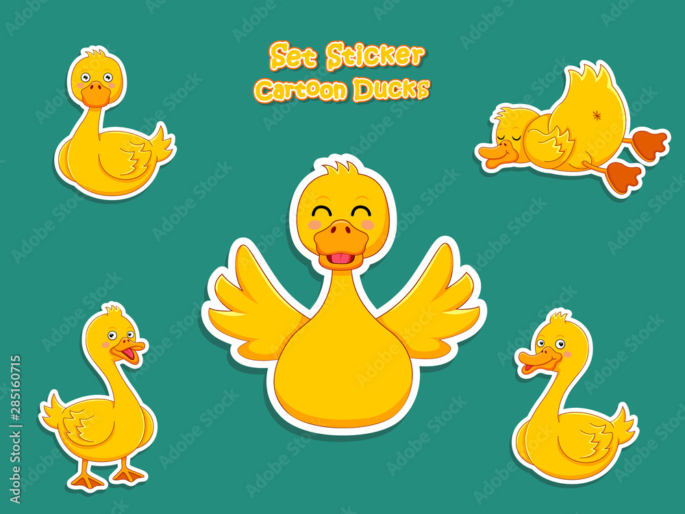 Set Cute Cartoon Ducks Sticker. Vector Illustration With Cartoon Funny ...