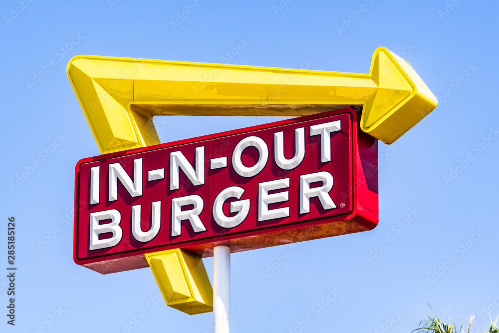 August 19, 2019 San Mateo / CA / USA - Close up of In-N-Out logo ...
