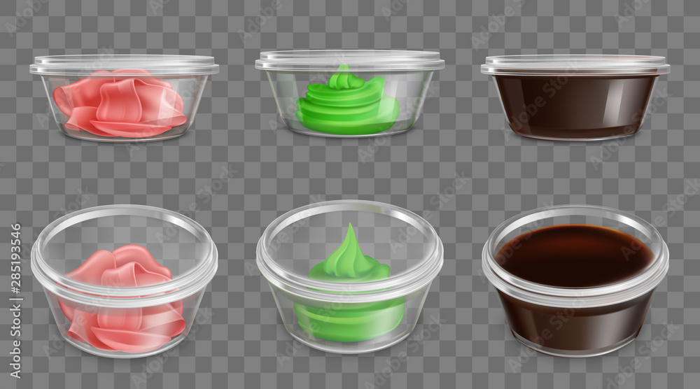 Japanese cuisine condiments and spices in sealed, transparent, plastic ...