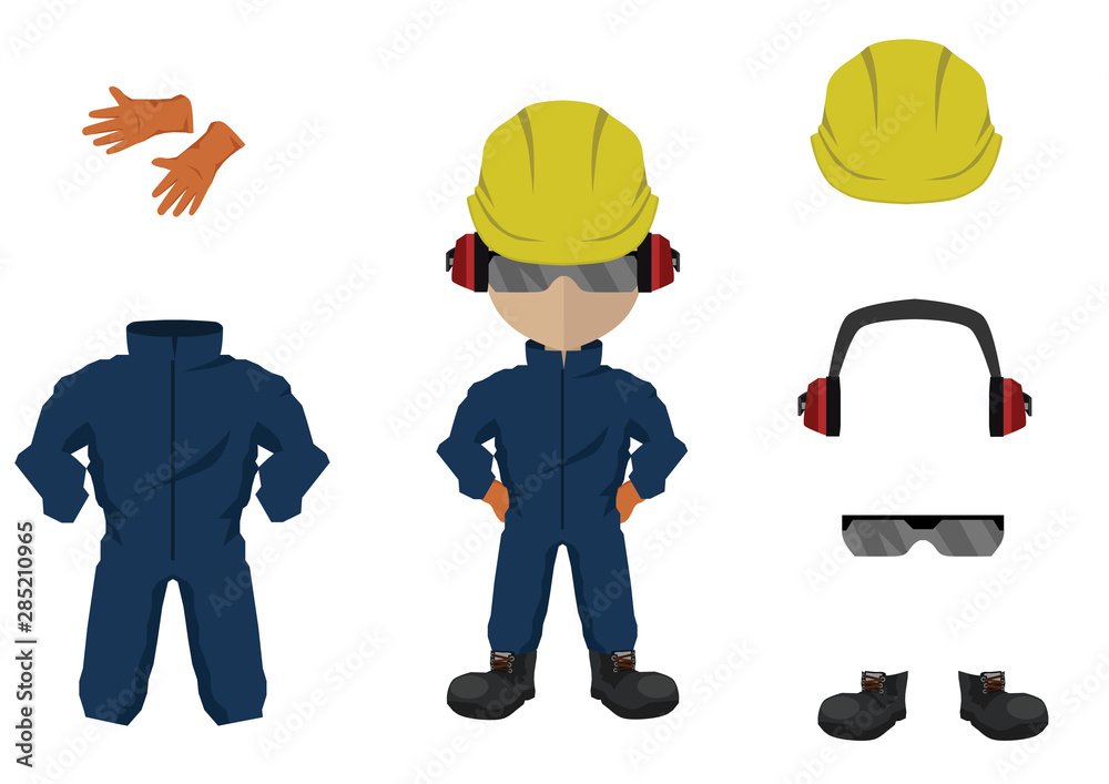 Cartoon model presenter. Set for working safety in the industrial area ...