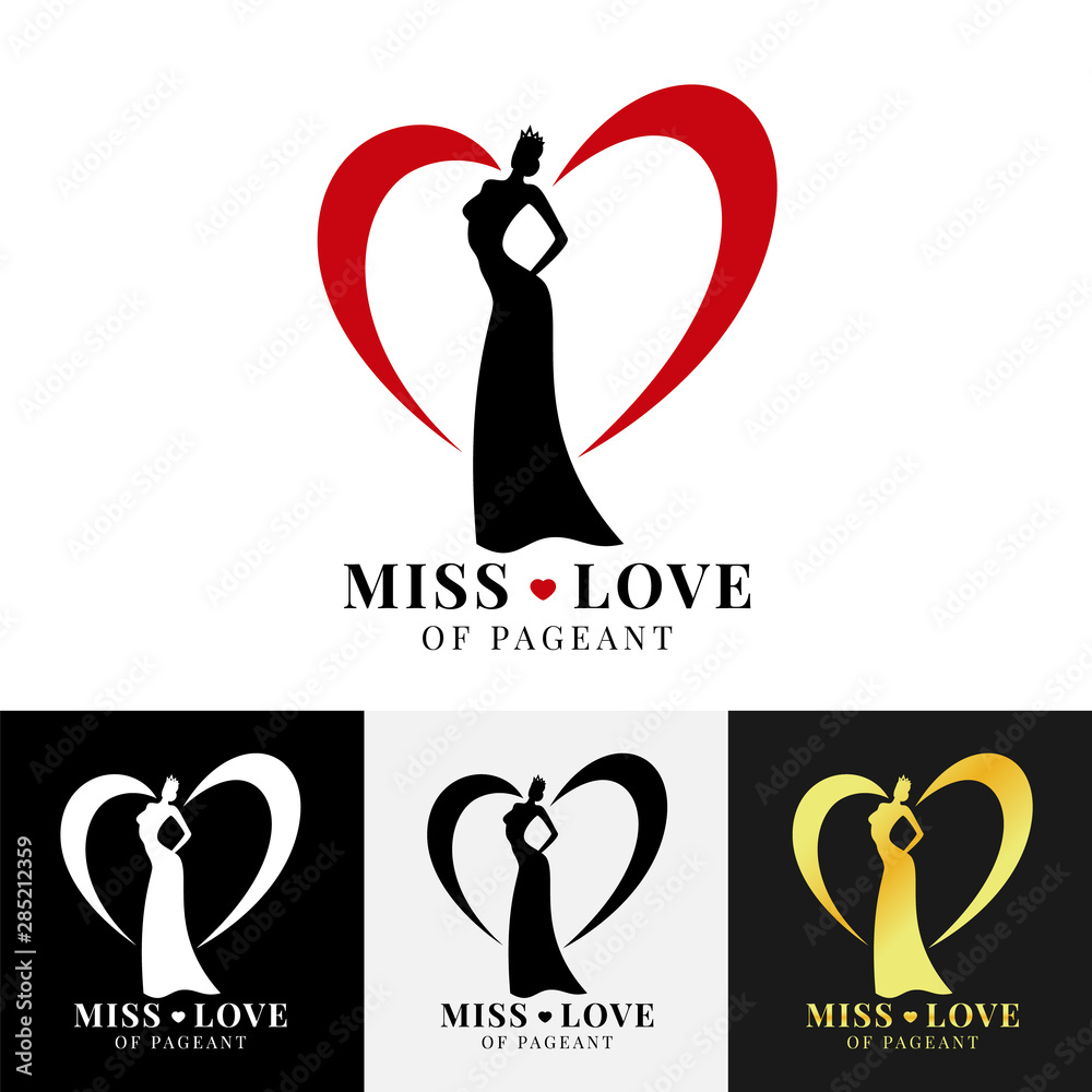 Miss love of pageant logo sign with woman wear crown and line heart ...