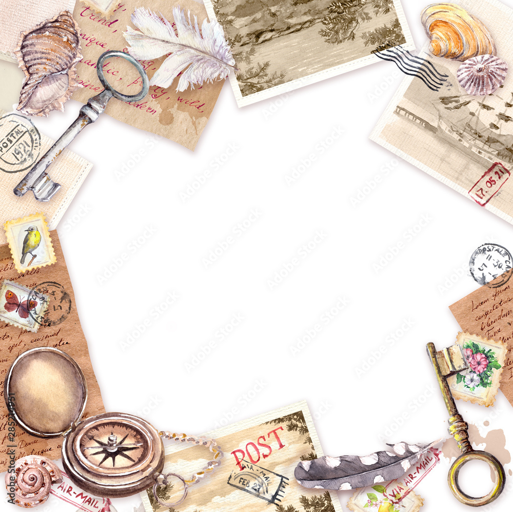 Vintage travel card, blank. Compass, hand written letters, old keys ...