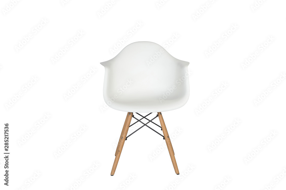 Modern white plastic chair with wooden legs isolated on a white ...