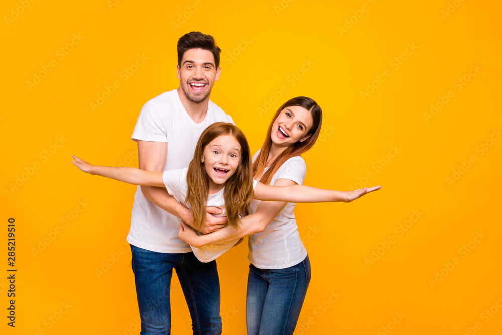 Photo of three family members spending leisure time resting together ...