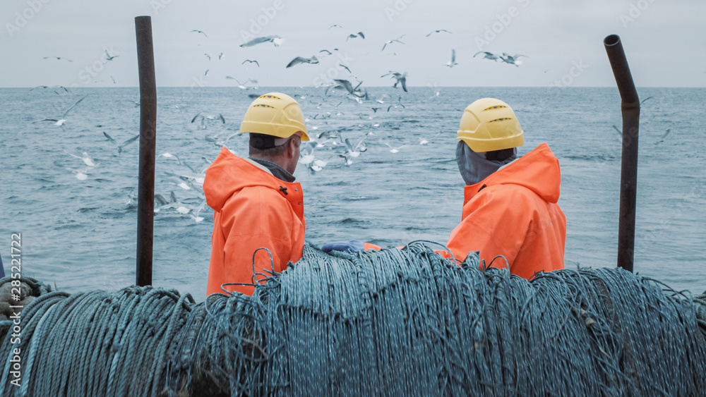 Crew of Fishermen Work on Commercial Fishing Ship that Pulls Trawl Net ...