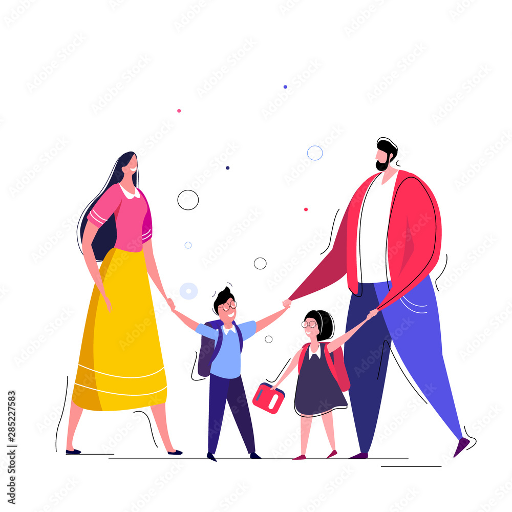 Parents take their children to the school in the morning. Happy kids go ...