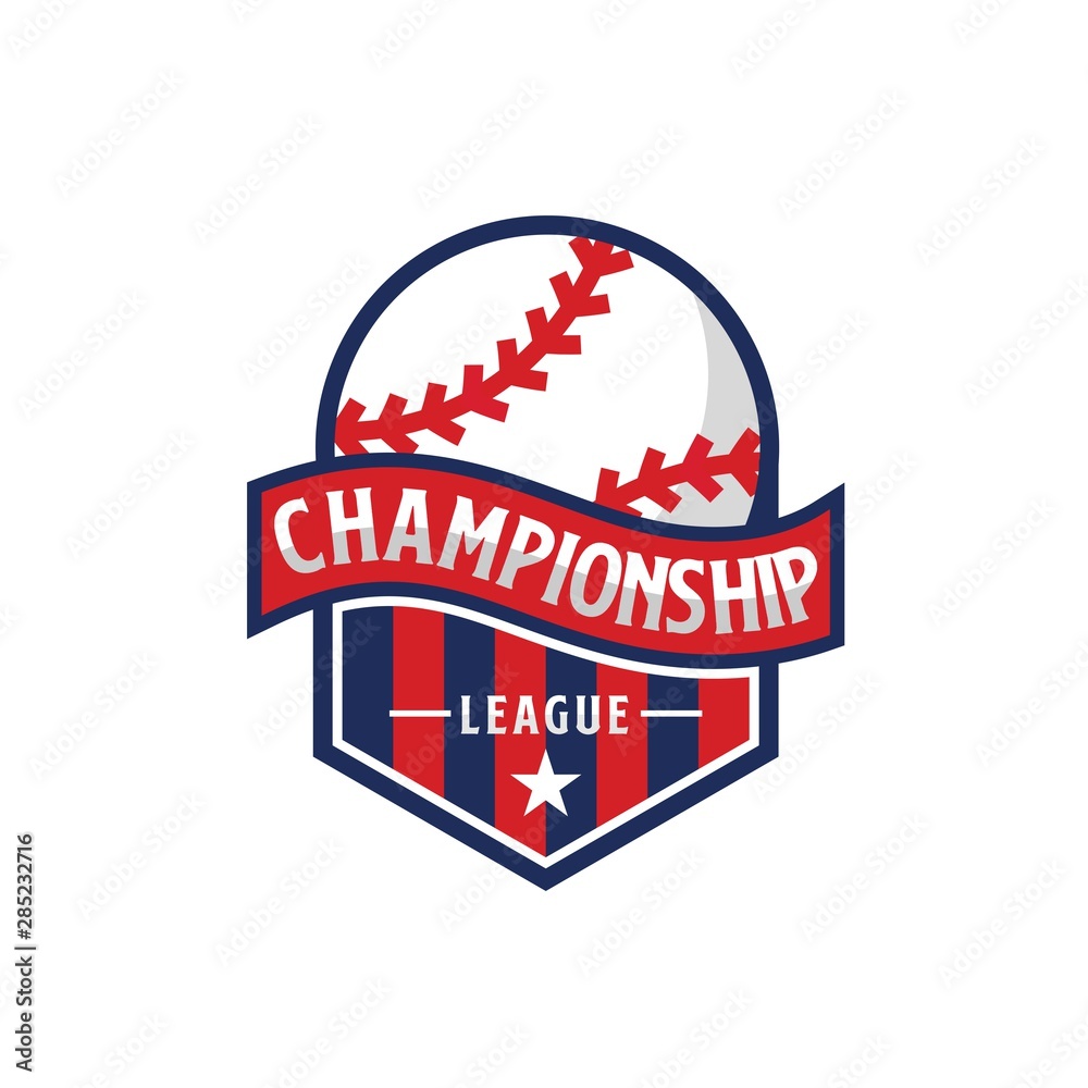 Baseball team badge shield logo design with text and slogan in red and ...