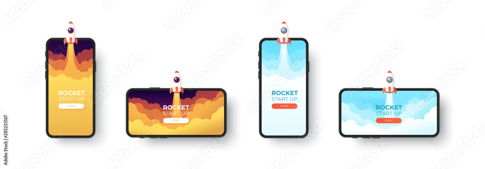 Rocket launch takes off from the phone screen. In the sky flying over ...