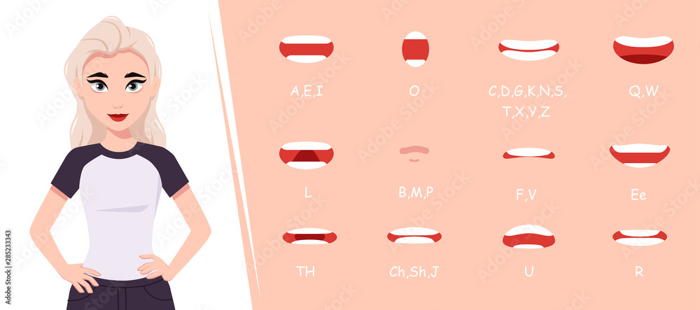 Human mouth set. Pretty girl lip sync collection for animation and ...