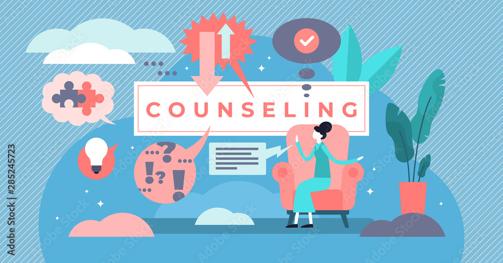 Counseling vector illustration. Tiny psychological specialty person ...