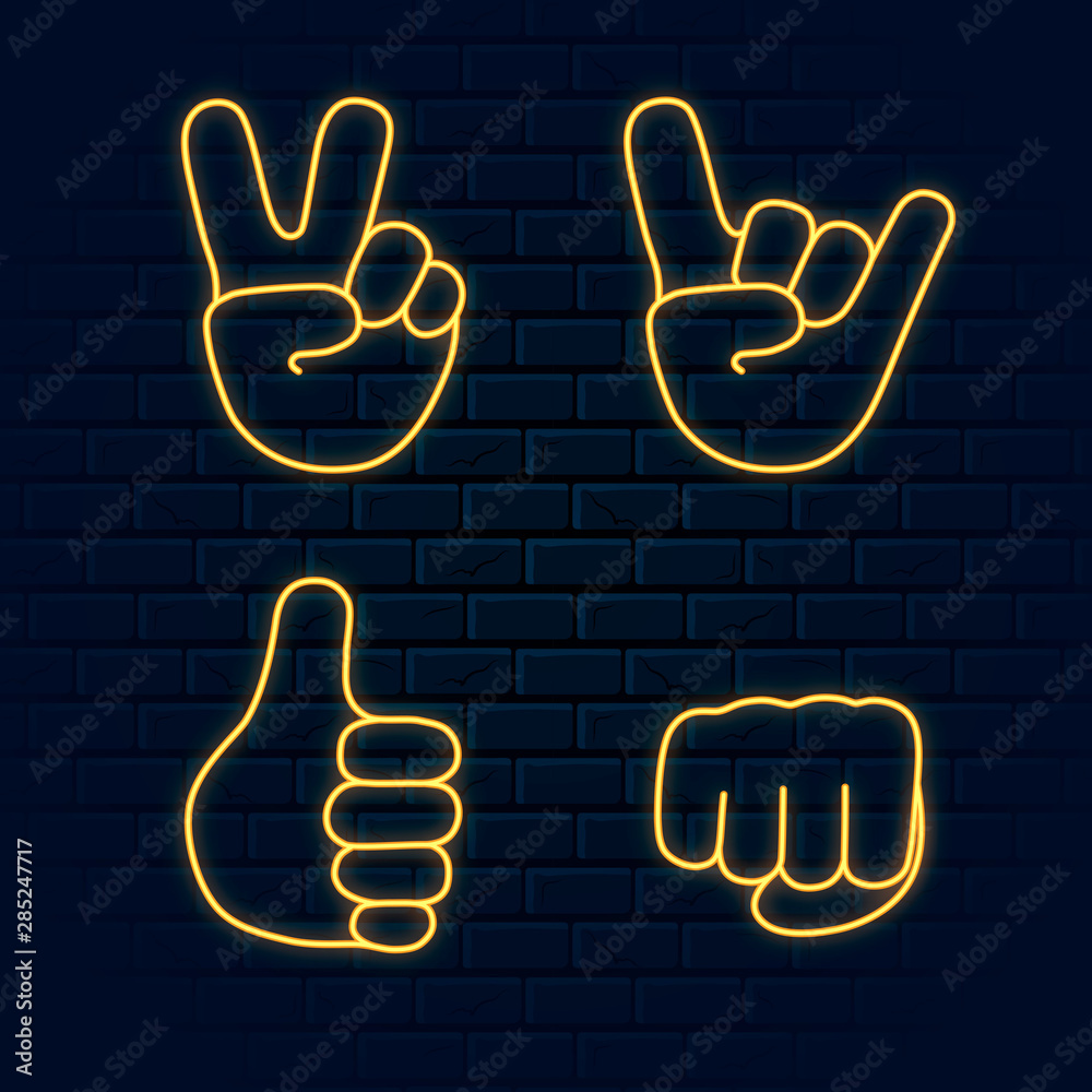 Set of glowing neon hand emoji icons and symbols. Victory, like, rock ...