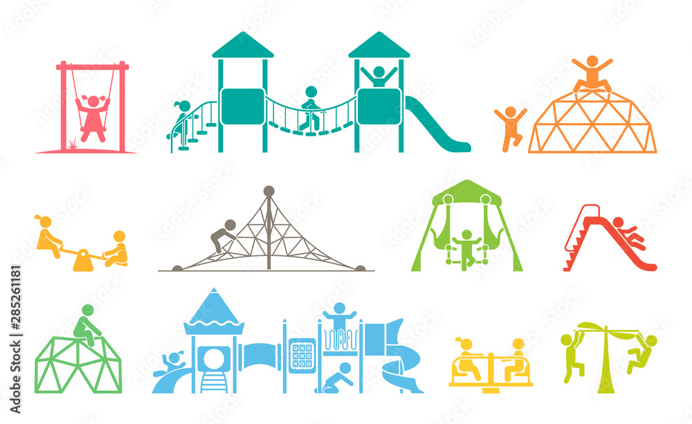 Children play on playground. Kid playground equipment icons. Childhood ...