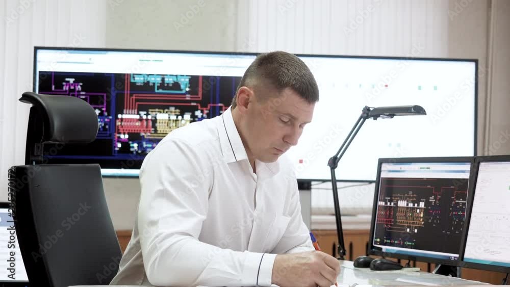 Man manager making paper work among screens monitoring data on ...