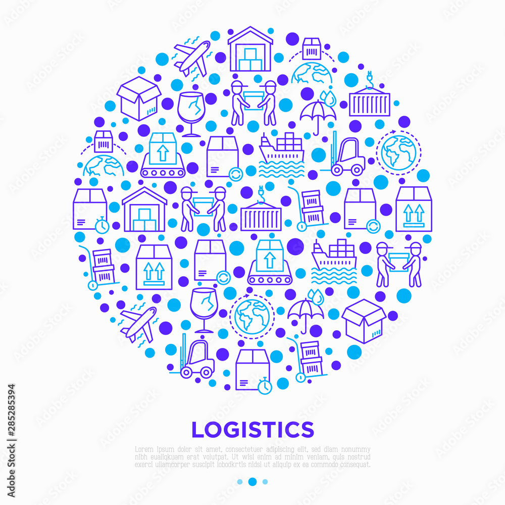 Logistics concept in circle with thin line icons: forklift loader ...