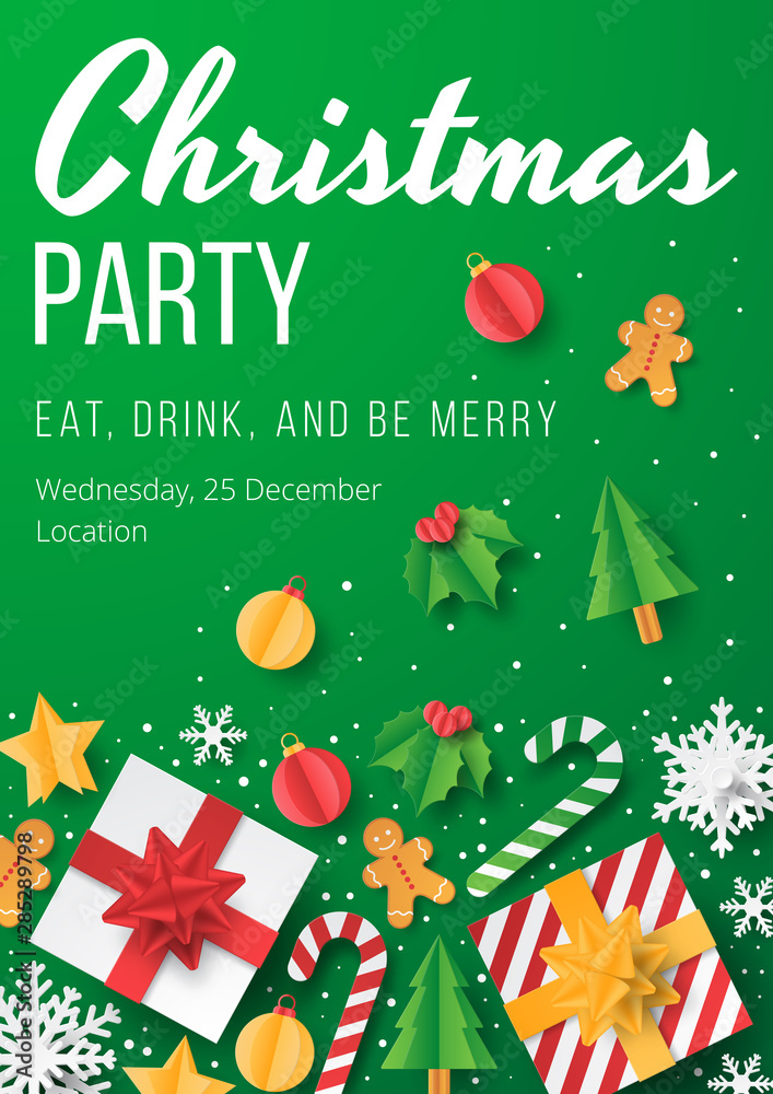 Christmas party poster template with christmas element on green ...