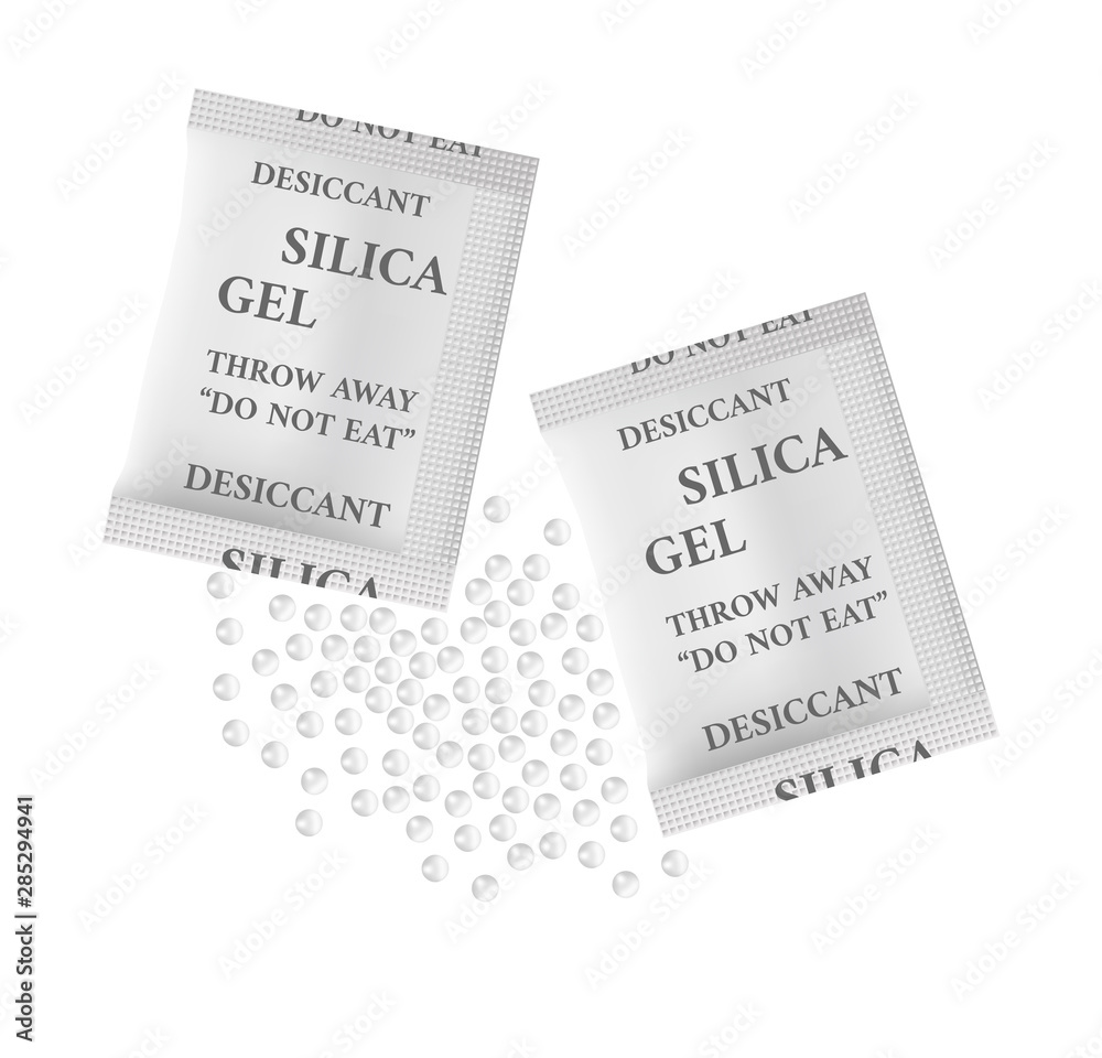 Vector realistic illustration of silica gel. Two small white packages ...