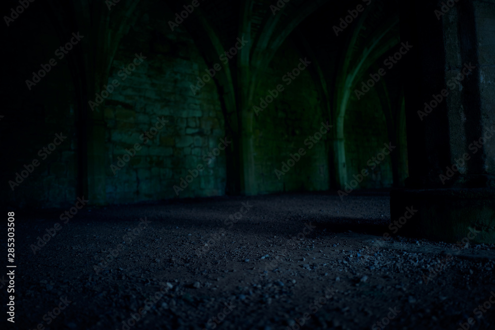 A dark spooky background of a dirt, gravel floor of the ruins of an old ...