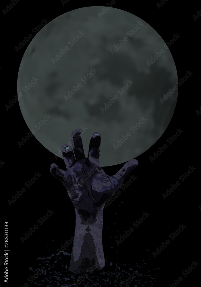 Zombie hand rising out from the ground on the background of the full ...