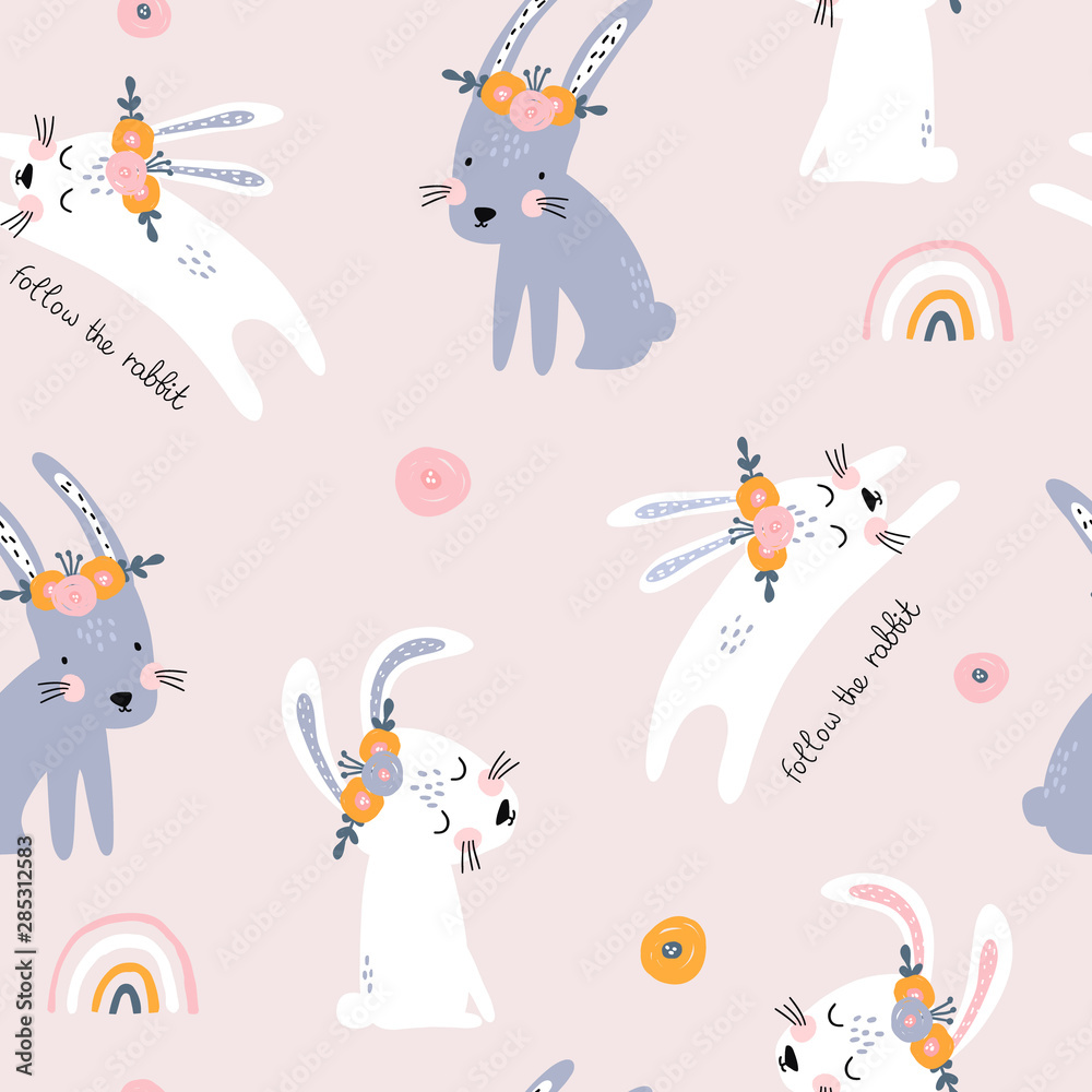 Seamless pattern with cute jumping rabbits. Creative scandinavian style ...