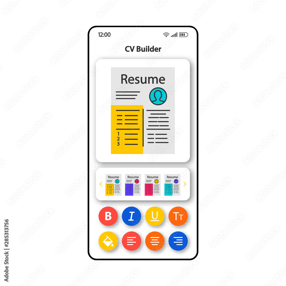 CV templates builder smartphone interface vector template. Mobile app ...