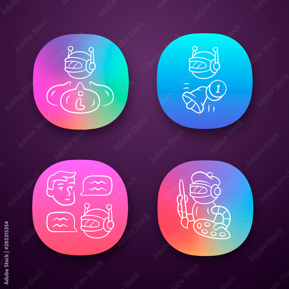 Internet robots app icons set. Chatbot, informational, proactive, art bots. Cybernetics ...