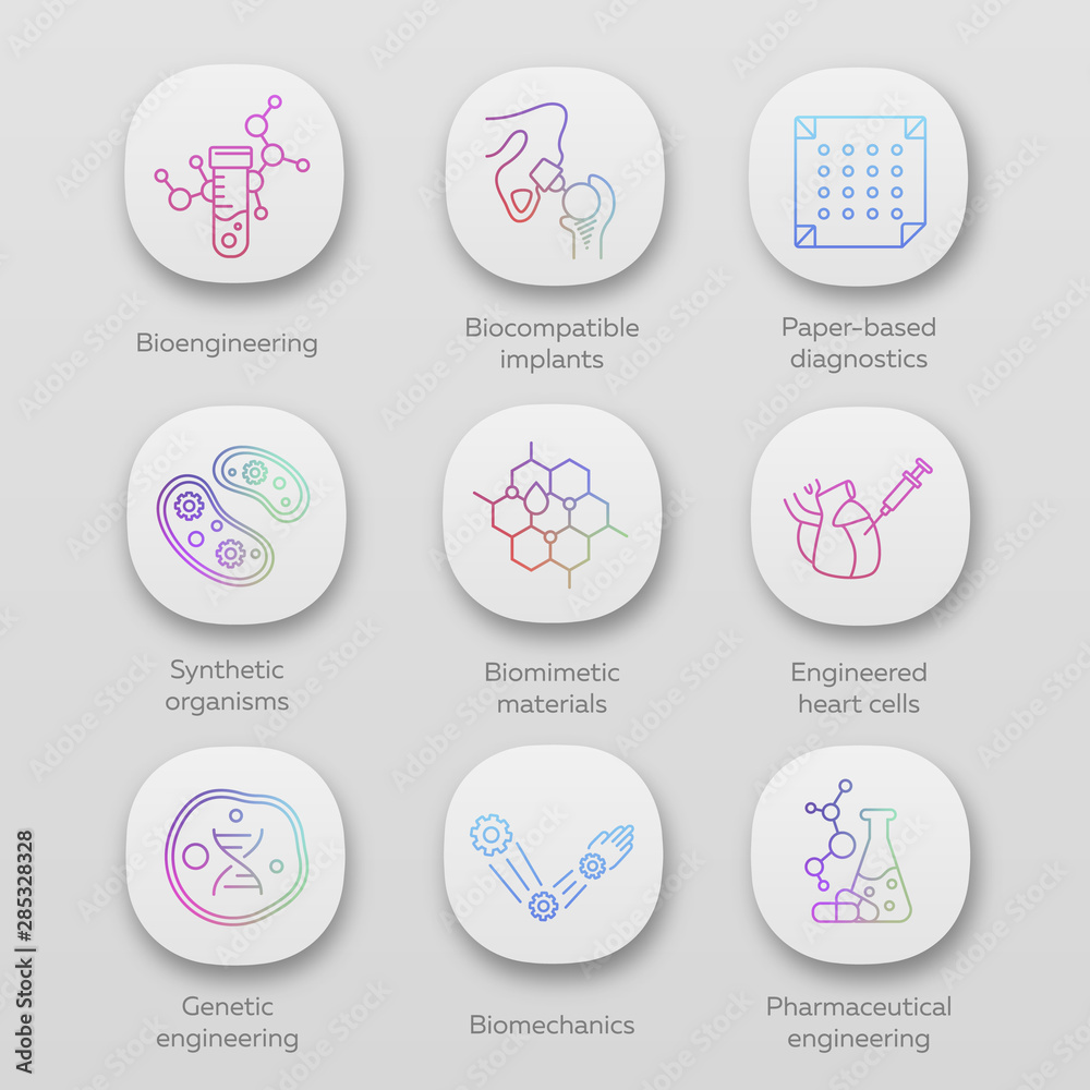 Bioengineering app icons set. Biotechnology. Molecular biology ...