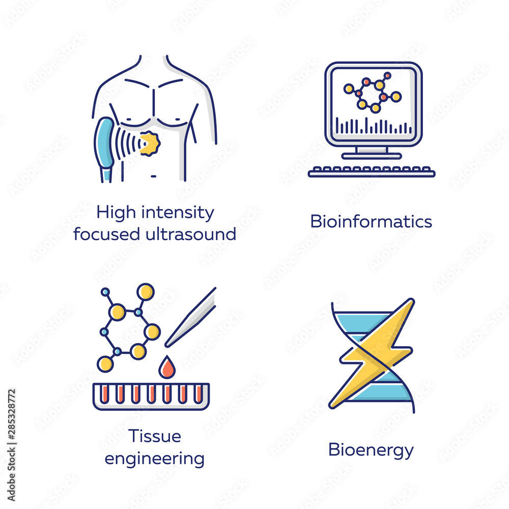 Vetor de Biotechnology color icons set. Bioengineering. High intensity ...