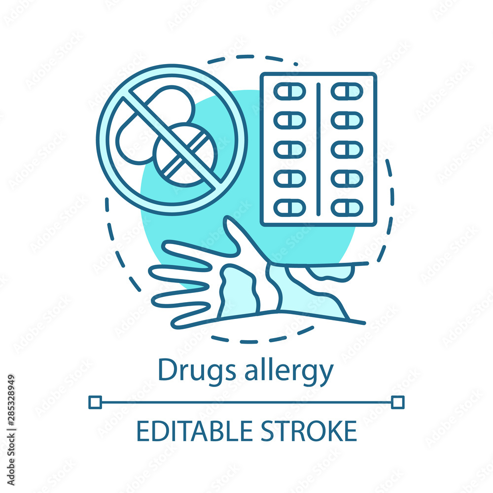 Drugs allergy concept icon. Allergic reaction to medications idea thin ...