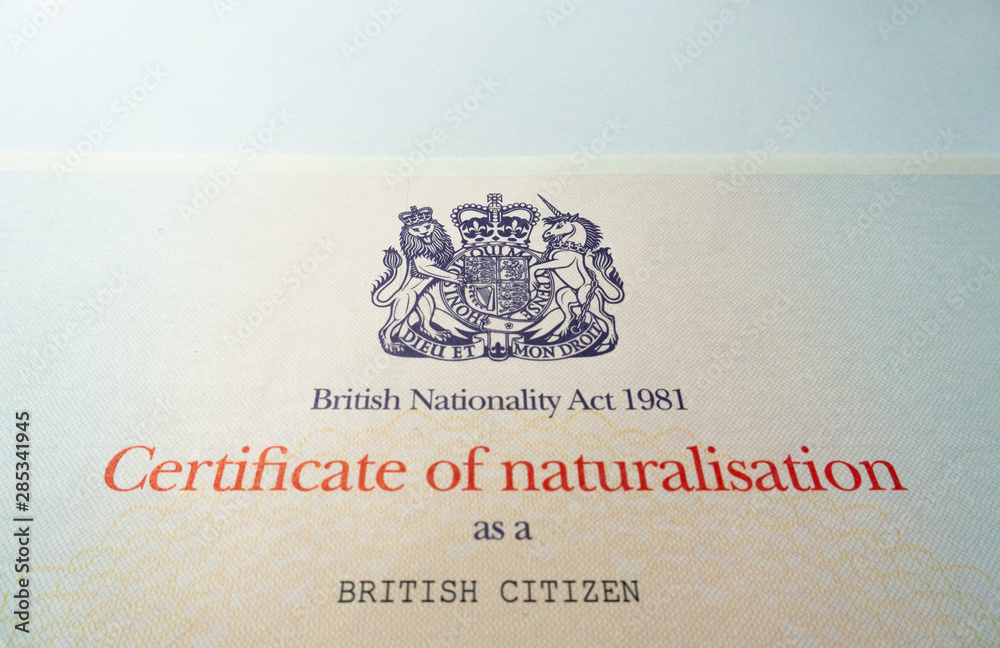 Official certificate of naturalisation awarded to new British Citizens ...