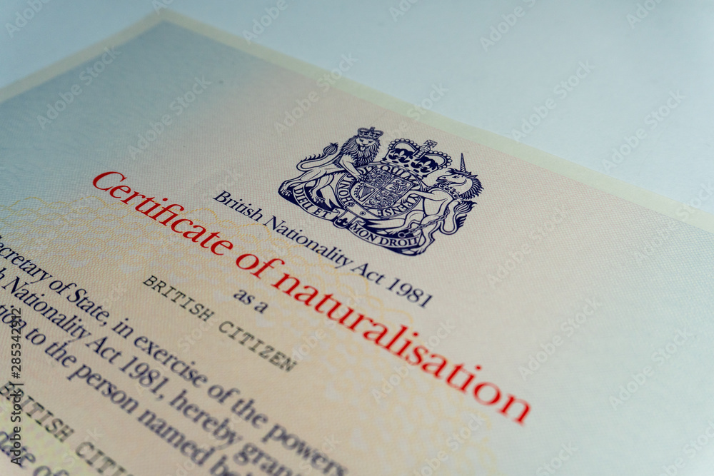 Official certificate of naturalisation awarded to new British Citizens ...