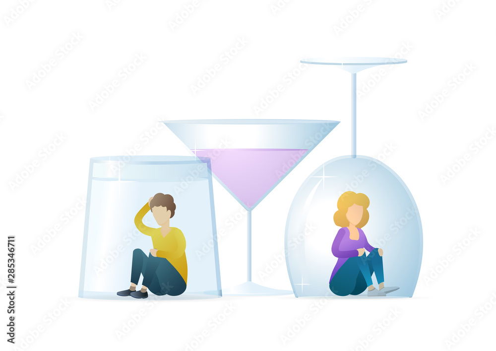 Alcoholism metaphor flat vector illustration. Sad man and woman sit ...
