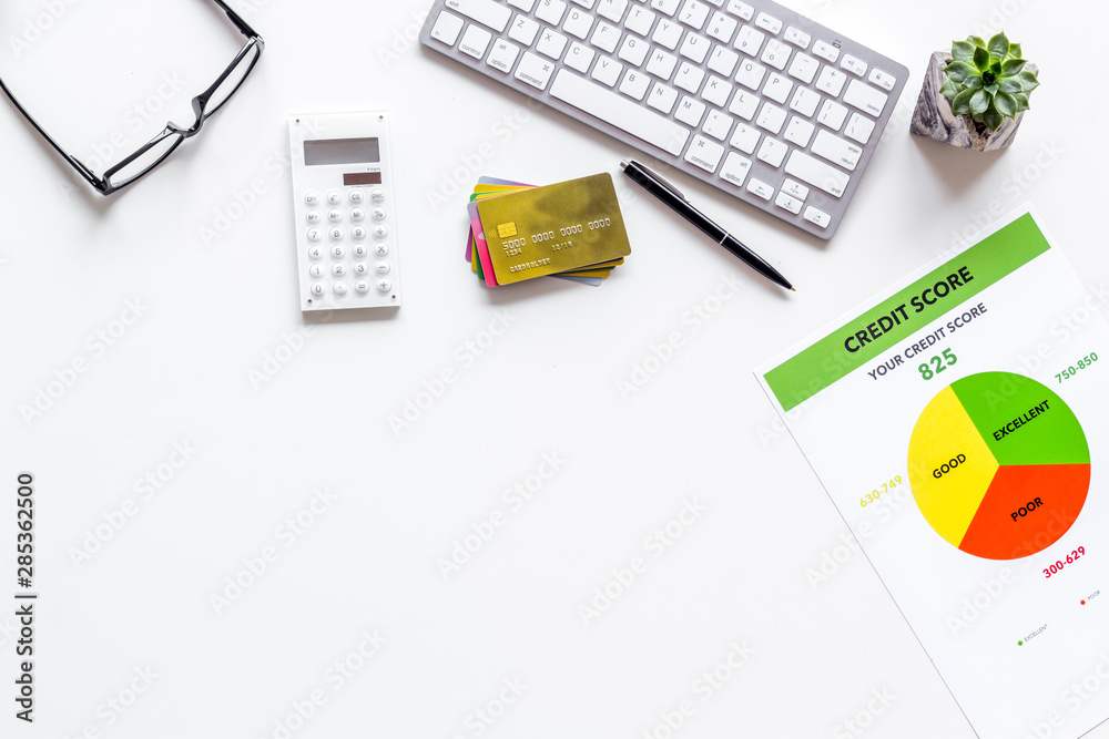 banker office desk with cards, keyboard, credit score on white ...
