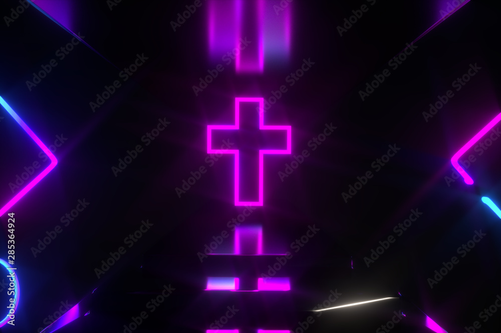 3D Illustration of neon geometric cross background 3d render Stock ...