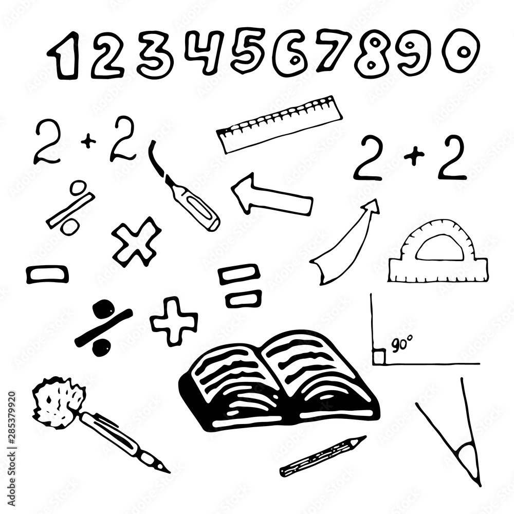 School cute doodle set with numbers, rulers, plus, minus, book, right ...