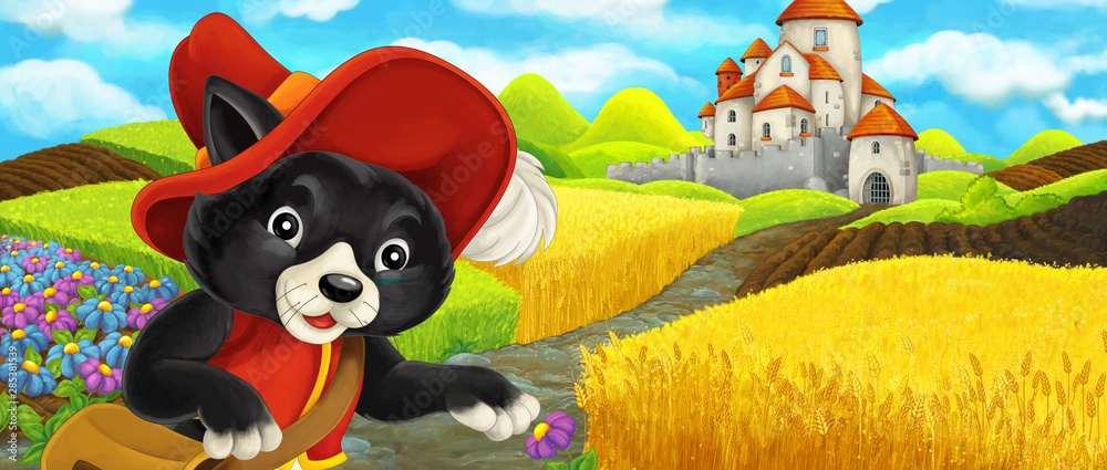 Cartoon scene - cat traveling to the castle on the hill near the farm ...