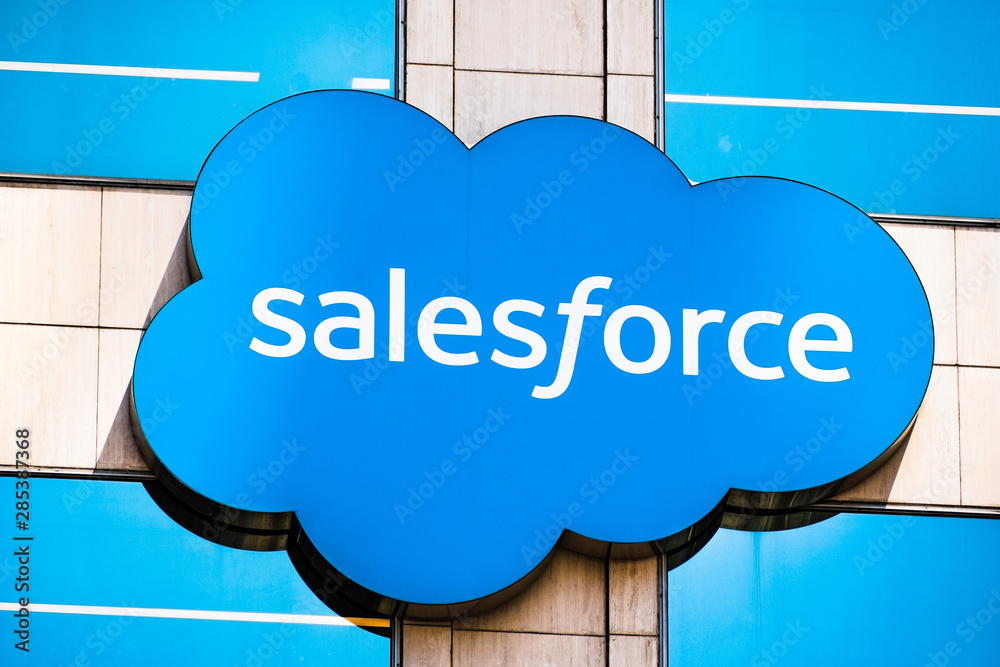 August 21, 2019 San Francisco / CA / USA - Close up of Salesforce logo ...