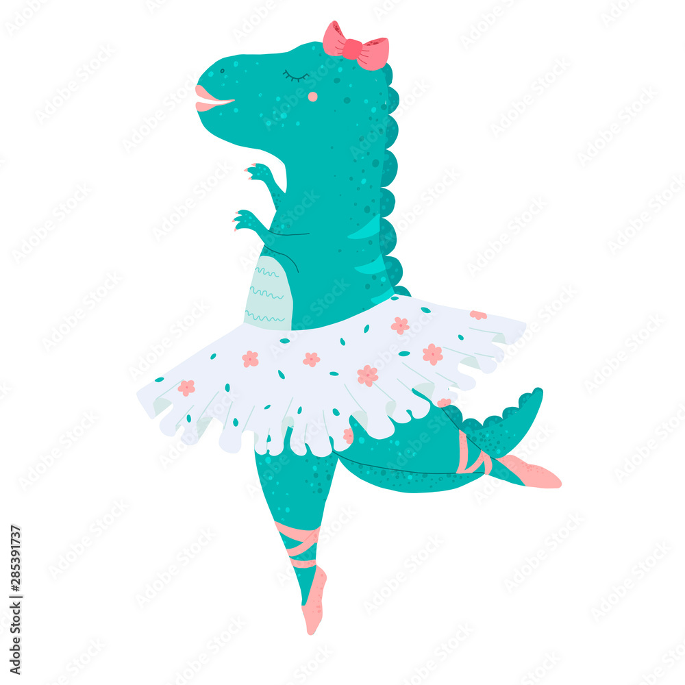Cute dinosaur ballerina dancing, kicks. Vector illustration in flat ...