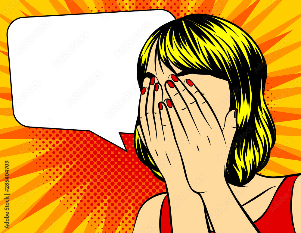 Vector pop art surprised woman face with closed face by hands. Comic ...