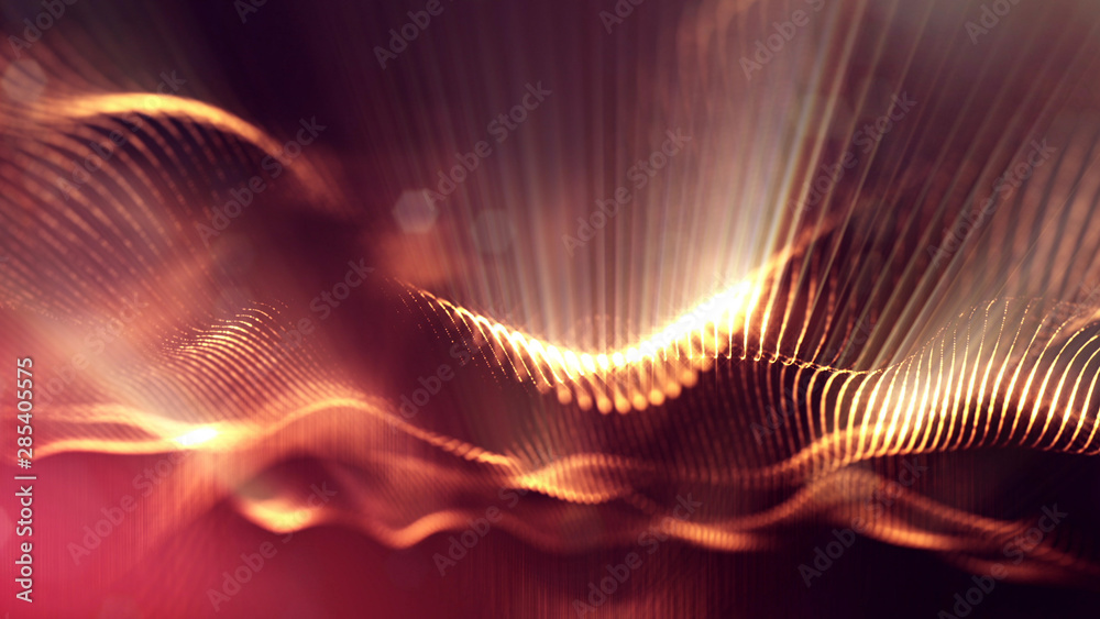 3d rendering background of glowing particles that form curved lines and ...