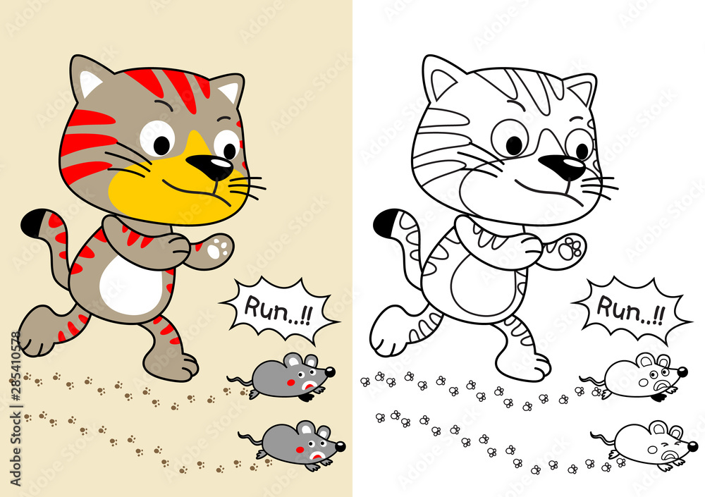 cat hunting mice, vector cartoon illustration, coloring page or book ...