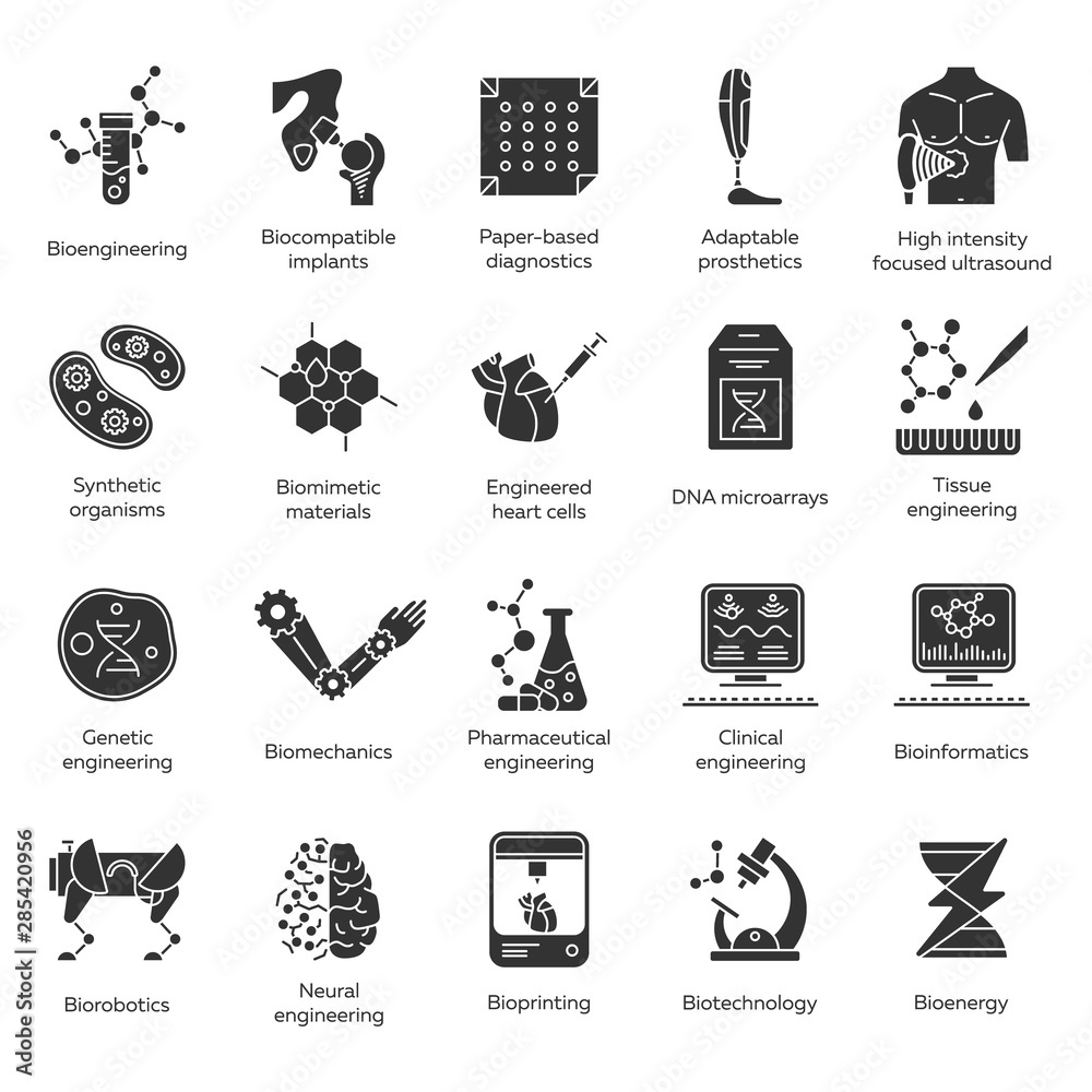 Bioengineering glyph icons set. Biotechnology. New methods of diseases ...