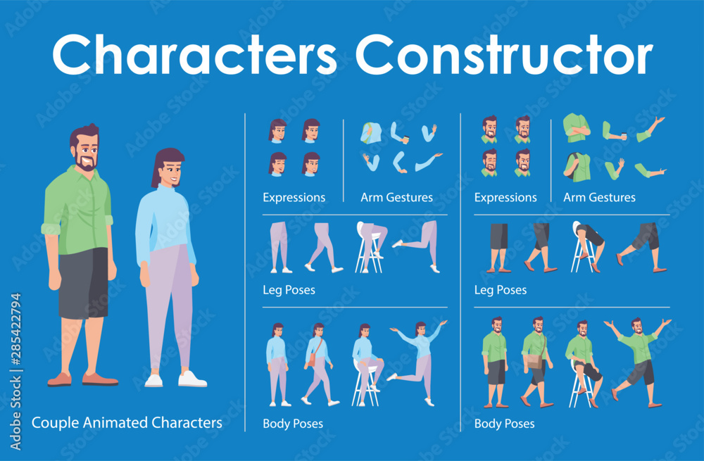 Smiling Couple Front View Animated Flat Vector Characters Design Set