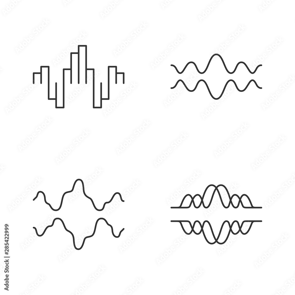 Sound waves linear icons set. Audio, music, radio signal waves ...